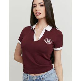 Poloshirt Tally Weijl "STSCOMITSKI", Damen, Gr. L, windsor wine, Jersey, Obermaterial: 97% Baumwolle, 3% Elasthan, bedruckt, figurbetont taillenlang, V-Ausschnitt, Shirts, Baumwollmischung, Poloshirt, verk&uuml;rzt geschnitten