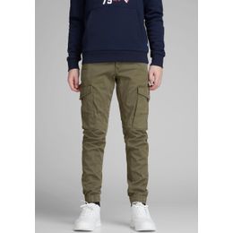 Jack & Jones Cargohose JACK & JONES JUNIOR "JPSTPAUL JJFLAKE AKM 542 OLIVE NOOS JNR", Jungen, Gr. 164, N-Gr, gr&uuml;n (olive night), Web, Obermaterial: 98% Baumwolle, 2% Elasthan, unifarben, slim fit lang, Hosen Cargohose