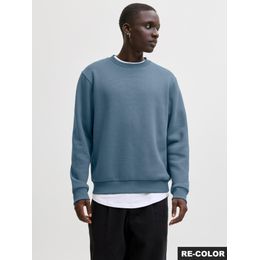 Jack & Jones Sweatshirt JACK & JONES "JJEBRADLEY mit Rippb&uuml;ndchen f&uuml;r Alltag und Freizeit", Herren, Gr. M, blau mirage, angeraute Sweatware, Obermaterial: 65% Polyester, 35% Baumwolle, unifarben, relaxed fit taillenbedeckt, Rundhals, Rippb&uuml;ndchen, Sweatshirts Sweatshirt, Materialmix, relaxed fit