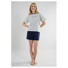 Shorty Tom Tailor "Zaria", Damen, Gr. 44 (XXL), blau, Single Jersey, Obermaterial: 95% Baumwolle, 5% Elasthan, bequem kurz, Rundhals, Homewear-Sets Shorty, Streifendesign, Kurzarm, Rundhalsausschnitt, kurze Hose, Baumwollmix
