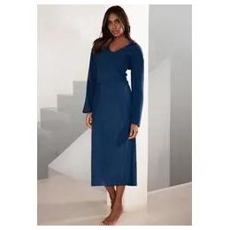 Strickkleid Lascana, Damen, Gr. 36/38, N-Gr, blau (blau, melange), Rippware, Obermaterial: 56% Polyester, 41% Viskose, 3% Elasthan, meliert, unifarben, figurumspielend kniebedeckend, V-Ausschnitt, Kleider Strickkleid, Lounge-/ Rippkleid mit weiten &Auml;rmeln und Taillenband, Loungewear