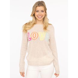Kaschmirpullover Zwillingsherz "LOVE" wording", Damen, Gr. S, beige (hellbeige), Strick, Obermaterial: 100% Kaschmir, bequem h&uuml;ftbedeckend, Rundhals, gerader Abschluss, Pullover, Rundhals, mit LOVE Aufschrift in Neonfarbe