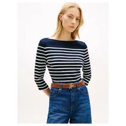 3/4-Arm-Shirt Tommy Hilfiger "NEW CODY SLIM BOAT-NECK", Damen, Gr. XS (34), schwarz night navy, ecru stripe, Jersey, Obermaterial: 100% Baumwolle, gestreift, slim fit h&uuml;ftlang, U-Boot-Ausschnitt, abgesteppt, Shirts 3/4-Arm-Shirt, mit Logostickerei