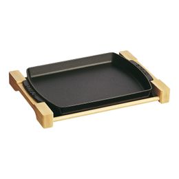 Staub Serving Teller mit Holzunterlage 33 cm x 22 cm, rechteckig, Schwarz, Gusseisen