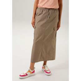 Cargorock Aniston CASUAL, Damen, Gr. 44, gr&uuml;n (khaki), Popeline, Obermaterial: 100% Baumwolle, unifarben, figurumspielend wadenlang, R&ouml;cke Cargorock, mit Tunnelzug regulierbarer Gummizugbund
