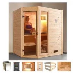 Sauna Weka "Valida Eck 1", beige (natur), Bio-Kombiofen, externe Steuerung, 4,5 kW, Saunen, 4,5 kW Bio-Kombiofen mit ext. Strg., Fenster