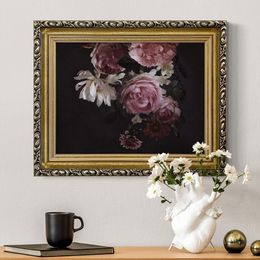 Bilderwelten Bild mit Barockrahmen Antik Blumen Motiv Barock rosa - Rosa Blumen auf Schwarz Vintage - Rose Wohnzimmer Schlafzimmer