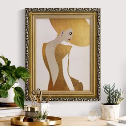 Bilderwelten Bild mit Barockrahmen Antik Portrait Illustration Barock gold - Dame mit Hut in Gold - edle Optik Wohnzimmer Schlafzimmer