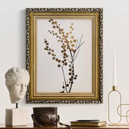 Bilderwelten Bild mit Barockrahmen Antik originell modern Barock gold - Grafische Pflanzenwelt - Beeren Gold - edle Optik Wohnzimmer Schlafzimmer