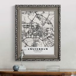 Bilderwelten Leinwandbild mit Barockrahmen Stadtplan Amsterdam - Klassik