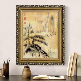 Bilderwelten Leinwandbild mit Barockrahmen Japanische Aquarell Zeichnung Zedern und Berge