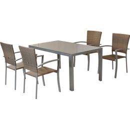 Garten-Essgruppe Merxx, B:57cm H:94cm T:56cmnaturgrau, naturgrau, silber, Aluminium, Kunststoff, Sitzm&ouml;bel-Sets, "Savona", inkl. 4 Stapelsessel, 1