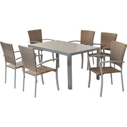Garten-Essgruppe Merxx, B:57cm H:94cm T:56cmnaturgrau, naturgrau, silber, Aluminium, Kunststoff, Sitzm&ouml;bel-Sets, "Savona", inkl. 6 Stapelsessel, 1