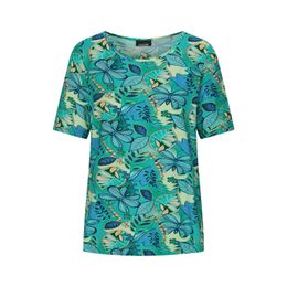 GOLDNER Damen Kurzarmshirt "Kurzgr&ouml;&szlig;e Cityshirt mit floralem Print", blau, Gr. 19, Obermaterial: 95% Viskose CV. 5% Elasthan EL., Shirts,