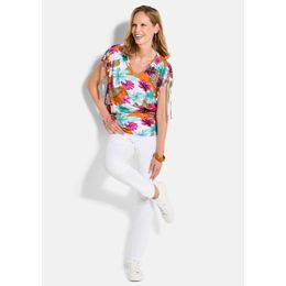 GOLDNER Damen Print-Shirt "Kurzgr&ouml;&szlig;e Blusenshirt mit floralem Print", bunt, Gr. 24, Obermaterial: 95% Viskose CV. 5% Elasthan EL., Shirts, Kordelzug
