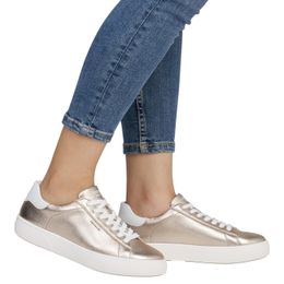 Remonte Damen Plateausneaker, Gr. 43, beige, Leder, metallic, Schuhe, Schn&uuml;rschuh, Freizeitschuh, Halbschuh mit Kontrastbesatz