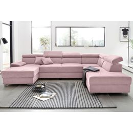 Wohnlandschaft DOMO collection "Mira, inklusive Kopfteilverstellung f&uuml;r mehr Wohlf&uuml;hlkomfort, U-Form", rosa (flamingo), B:337cm H:78cm T:230cm, Luxus-Microfaser (92% Polyester, 8% Nylon);Zierkissen: Entsprechend jeweiligem Bezug.;Struktur (100% Polyester);Struktur fein (100% Polyester), Sofas, Wohnlandschaft, wahlweise mit Bettfunktion und Bettkasten, elegant und modern