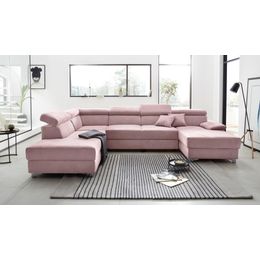 Wohnlandschaft DOMO collection "Mira, inklusive Kopfteilverstellung f&uuml;r mehr Wohlf&uuml;hlkomfort, U-Form", rosa (flamingo), B:337cm H:78cm T:230cm, Luxus-Microfaser (92% Polyester, 8% Nylon);Zierkissen: Entsprechend jeweiligem Bezug.;Struktur (100% Polyester);Struktur fein (100% Polyester), Sofas, Wohnlandschaft, wahlweise mit Bettfunktion und Bettkasten, elegant und modern
