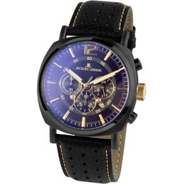 Chronograph Jacques Lemans "Lugano", schwarz (schwarz, schwarz), Armbanduhren, Herren, Chronograph, Quarzuhr, Armbanduhr, Herrenuhr, Datum, Stoppfunktion, Lederarmband