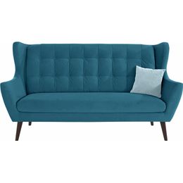 3-Sitzer Home Affaire "Hemmink", blau (petrol, hellblau), B:197cm H:107cm T:94cm, Samtvelours (100% Polyester);Luxus-Microfaser (100% Polyester);Struktur (94% Polyester, 6% Polyacryl), Sofas, mit Knopfheftung