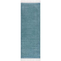 Hochflor-Teppich Carpet City "Pulpy 100" Gr. 12, blau, B:80cm H:30mm L:300cm, Kunstfaser, Teppiche, Fransenteppich, L&auml;ufer, weich, mit Fransen, uni, viele Gr&ouml;&szlig;en, Wohnzimmer, Schafzimmer