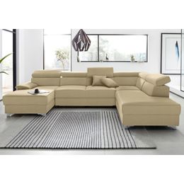 Wohnlandschaft DOMO collection "Mira, inklusive Kopfteilverstellung f&uuml;r mehr Wohlf&uuml;hlkomfort, U-Form", beige, B:337cm H:78cm T:230cm, Luxus-Microfaser (92% Polyester, 8% Nylon);Zierkissen: Entsprechend jeweiligem Bezug.;Struktur (100% Polyester);Struktur fein (100% Polyester), Sofas, Wohnlandschaft, wahlweise mit Bettfunktion und Bettkasten, elegant und modern