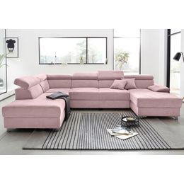 Wohnlandschaft DOMO collection "Mira, inklusive Kopfteilverstellung f&uuml;r mehr Wohlf&uuml;hlkomfort, U-Form", rosa (flamingo), B:337cm H:78cm T:230cm, Luxus-Microfaser (92% Polyester, 8% Nylon);Zierkissen: Entsprechend jeweiligem Bezug.;Struktur (100% Polyester);Struktur fein (100% Polyester), Sofas, Wohnlandschaft, wahlweise mit Bettfunktion und Bettkasten, elegant und modern