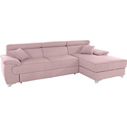 Ecksofa DOMO collection "Mira, inklusive Kopfteilverstellung f&uuml;r mehr Wohlf&uuml;hlkomfort, L-Form", rosa (flamingo), B:271cm H:78cm T:167cm, Zierkissen: Entsprechend jeweiligem Bezug.;Struktur (100% Polyester);Struktur fein (100% Polyester);Luxus-Microfaser (92% Polyester, 8% Nylon), Sofas, Ecksofa, wahlweise mit Bettfunktion und Bettkasten, elegant und modern
