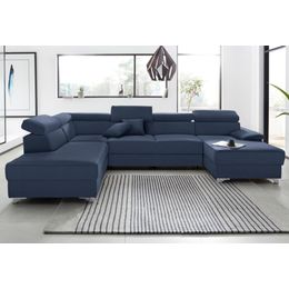Wohnlandschaft DOMO collection "Mira, inklusive Kopfteilverstellung f&uuml;r mehr Wohlf&uuml;hlkomfort, U-Form", blau (dunkelblau), B:337cm H:78cm T:230cm, Luxus-Microfaser (92% Polyester, 8% Nylon);Zierkissen: Entsprechend jeweiligem Bezug.;Struktur (100% Polyester);Struktur fein (100% Polyester), Sofas, Wohnlandschaft, wahlweise mit Bettfunktion und Bettkasten, elegant und modern