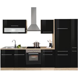 K&uuml;chenzeile KOCHSTATION "KS-Eton", schwarz (k&uuml;che: schwarz, korpus: eichefarben, arbeitsplatte: eichefarben), B:300cm T:60cm, Komplettk&uuml;chen-Sets, K&uuml;chenzeile, ohne E-Ger&auml;te, Breite 300 cm