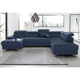 Wohnlandschaft DOMO collection "Mira, inklusive Kopfteilverstellung f&uuml;r mehr Wohlf&uuml;hlkomfort, U-Form", blau (dunkelblau), B:337cm H:78cm T:230cm, Luxus-Microfaser (92% Polyester, 8% Nylon);Zierkissen: Entsprechend jeweiligem Bezug.;Struktur (100% Polyester);Struktur fein (100% Polyester), Sofas, Wohnlandschaft, wahlweise mit Bettfunktion und Bettkasten, elegant und modern