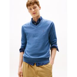 Strickpullover Tommy Hilfiger "ESSENTIAL COTTON V NECK mit V-Ausschnitt und Stickerei", Herren, Gr. L, petrol blau heather, Strick, Obermaterial: 100% Baumwolle, V-Ausschnitt, Rippb&uuml;ndchen, Pullover Strickpullover, unifarben, casual, regular fit, Baumwolle, V-Ausschnitt