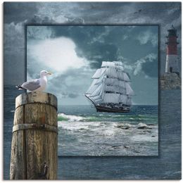 Wandbild Artland "Maritime Collage mit Segelschiff", blau (farbe bild(er): blau), B:30cm H:30cm, Bilder, auf Holzrahmen gespannt