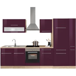K&uuml;chenzeile KOCHSTATION "KS-Eton", lila (k&uuml;che: lila, korpus: eichefarben, arbeitsplatte: eichefarben), B:300cm T:60cm, Komplettk&uuml;chen-Sets, K&uuml;chenzeile, ohne E-Ger&auml;te, Breite 300 cm