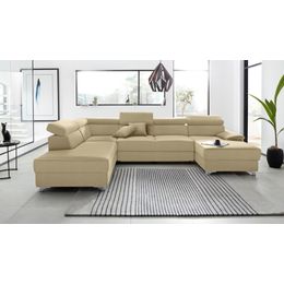 Wohnlandschaft DOMO collection "Mira, inklusive Kopfteilverstellung f&uuml;r mehr Wohlf&uuml;hlkomfort, U-Form", beige, B:337cm H:78cm T:230cm, Luxus-Microfaser (92% Polyester, 8% Nylon);Zierkissen: Entsprechend jeweiligem Bezug.;Struktur (100% Polyester);Struktur fein (100% Polyester), Sofas, Wohnlandschaft, wahlweise mit Bettfunktion und Bettkasten, elegant und modern