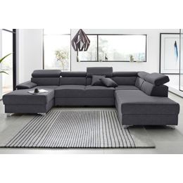 Wohnlandschaft DOMO collection "Mira, inklusive Kopfteilverstellung f&uuml;r mehr Wohlf&uuml;hlkomfort, U-Form", grau (dunkelgrau), B:337cm H:78cm T:230cm, Luxus-Microfaser (92% Polyester, 8% Nylon);Zierkissen: Entsprechend jeweiligem Bezug.;Struktur (100% Polyester);Struktur fein (100% Polyester), Sofas, Wohnlandschaft, wahlweise mit Bettfunktion und Bettkasten, elegant und modern