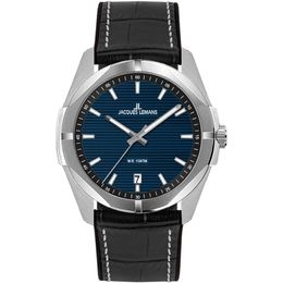 Quarzuhr Jacques Lemans "Monte Carlo", schwarz (schwarz, dunkelblau), Armbanduhren, Damen, Quarzuhr, Armbanduhr, Herrenuhr, Damenuhr, Datum, Leuchtzeiger, Lederarmband