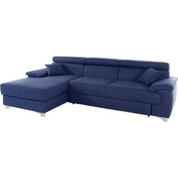 Ecksofa DOMO collection "Mira, inklusive Kopfteilverstellung f&uuml;r mehr Wohlf&uuml;hlkomfort, L-Form", blau (dunkelblau), B:271cm H:78cm T:167cm, Zierkissen: Entsprechend jeweiligem Bezug.;Struktur (100% Polyester);Struktur fein (100% Polyester);Luxus-Microfaser (92% Polyester, 8% Nylon), Sofas, Ecksofa, wahlweise mit Bettfunktion und Bettkasten, elegant und modern