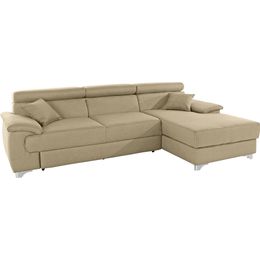 Ecksofa DOMO collection "Mira, inklusive Kopfteilverstellung f&uuml;r mehr Wohlf&uuml;hlkomfort, L-Form", beige, B:271cm H:78cm T:167cm, Zierkissen: Entsprechend jeweiligem Bezug.;Struktur (100% Polyester);Struktur fein (100% Polyester);Luxus-Microfaser (92% Polyester, 8% Nylon), Sofas, Ecksofa, wahlweise mit Bettfunktion und Bettkasten, elegant und modern