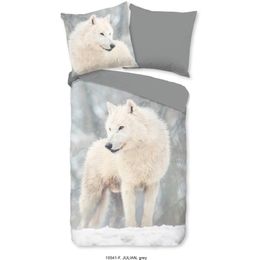 Wendebettw&auml;sche Good Morning "Julian", grau, B/L: 135cm x 200cm, 1 Stk., 1 Stk., Flanell, B/L: 80cm x 80cm, 2 Stk., Flanell, Obermaterial: 100% Baumwolle, Bettw&auml;sche, Wendebettw&auml;sche, Biber, 135x200, Winter, Warm, Rei&szlig;verschluss, Wendeoptik, Wolf
