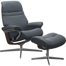 Relaxsessel stressless "Sunrise", blau (atlantic blau batick), B:92cm H:105cm T:80cm, Leder BATICK: BATICK ist ein leicht korrigiertes, durchgef&auml;rbtes und genarbtes M&ouml;belleder, bei dem die meisten Unebenheiten und Spuren in der Regel entfernt wurden., Sessel, Relaxsessel, mit Hocker, mit Cross Base, Gr&ouml;&szlig;e S, M & L, Holzakzent Wenge