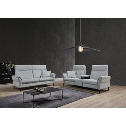 2-Sitzer Home Affaire "Sisto, inklusive 2x Relaxfunktion motorisch mit Herz-Waage-Beschlag", blau (hellblau), B:202cm H:108cm T:94cm, 100% Polyester, Sofas, Zwischenelement mit Tisch, Steckdose & USB-Ladestation