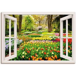 Wandbild Artland "Fensterblick Tulpen Garten Fr&uuml;hling", bunt (farbe bild(er): bunt), B:70cm H:50cm, Bilder, als Leinwandbild, Poster in verschied. Gr&ouml;&szlig;en