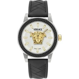 Quarzuhr Versace "MEDUSA DECO GENT", schwarz (schwarz, silberfarben), Armbanduhren, Damen, Quarzuhr, Armbanduhr, Herrenuhr, Swiss Made, Saphirglas, Lederarmband, analog