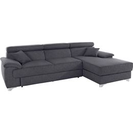 Ecksofa DOMO collection "Mira, inklusive Kopfteilverstellung f&uuml;r mehr Wohlf&uuml;hlkomfort, L-Form", grau (dunkelgrau), B:271cm H:78cm T:167cm, Zierkissen: Entsprechend jeweiligem Bezug.;Struktur (100% Polyester);Struktur fein (100% Polyester);Luxus-Microfaser (92% Polyester, 8% Nylon), Sofas, Ecksofa, wahlweise mit Bettfunktion und Bettkasten, elegant und modern