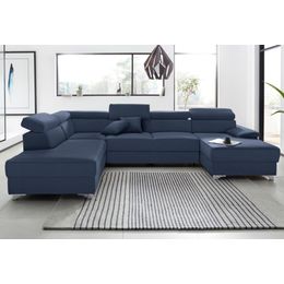 Wohnlandschaft DOMO collection "Mira, inklusive Kopfteilverstellung f&uuml;r mehr Wohlf&uuml;hlkomfort, U-Form", blau (dunkelblau), B:337cm H:78cm T:230cm, Luxus-Microfaser (92% Polyester, 8% Nylon);Zierkissen: Entsprechend jeweiligem Bezug.;Struktur (100% Polyester);Struktur fein (100% Polyester), Sofas, Wohnlandschaft, wahlweise mit Bettfunktion und Bettkasten, elegant und modern