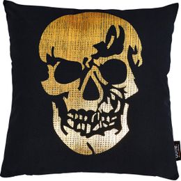 Dekokissen done. "Stone Skull", gold (goldfarben, bedruckt), B:65cm L:65cm, Baumwolle, Dekokissen_Sitzkissen_Kissenh&uuml;llen, mit Totenkopf-Applikation, Kissenh&uuml;le mit F&uuml;llung, 1 St&uuml;ck