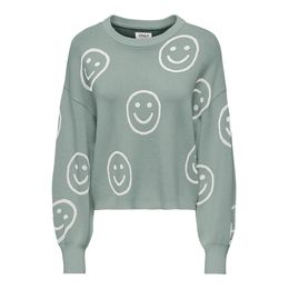 Strickpullover Only "ONLMONTANA LS JQ O-NECK CC KNT", Damen, Gr. L, jadeite pattern:cloud dancer smiley, Strick, Obermaterial: 82% Viskose, 18% Nylon, gemustert, regular fit normal, Rundhals, Rippb&uuml;ndchen, Pullover Strickpullover, mit Rippb&uuml;ndchen
