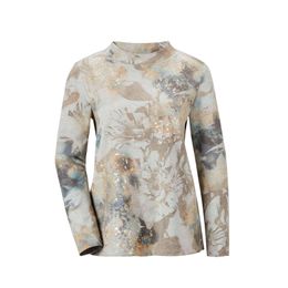 Kurzarmshirt GOLDNER "Kurzgr&ouml;&szlig;e Elegantes Langarmshirt mit Foliendruck", Damen, Gr. 23, grau (grau, melange), Obermaterial: 60% Polyester PES. 35% Baumwolle CO. 5% Elasthan EL., Gerade, Shirts, Seitennahtschlitze