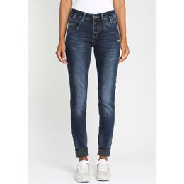 Slim-fit-Jeans Gang "94CARLI", Damen, Gr. 26, N-Gr, blau (dunkelblau), Denim/Jeans, Obermaterial: 85% Baumwolle, 13% Polyester, 2% Elasthan, leichte Abriebeffekte, unifarben, slim fit lang, Jeans Slim-fit-Jeans, mit offener Knopfleiste
